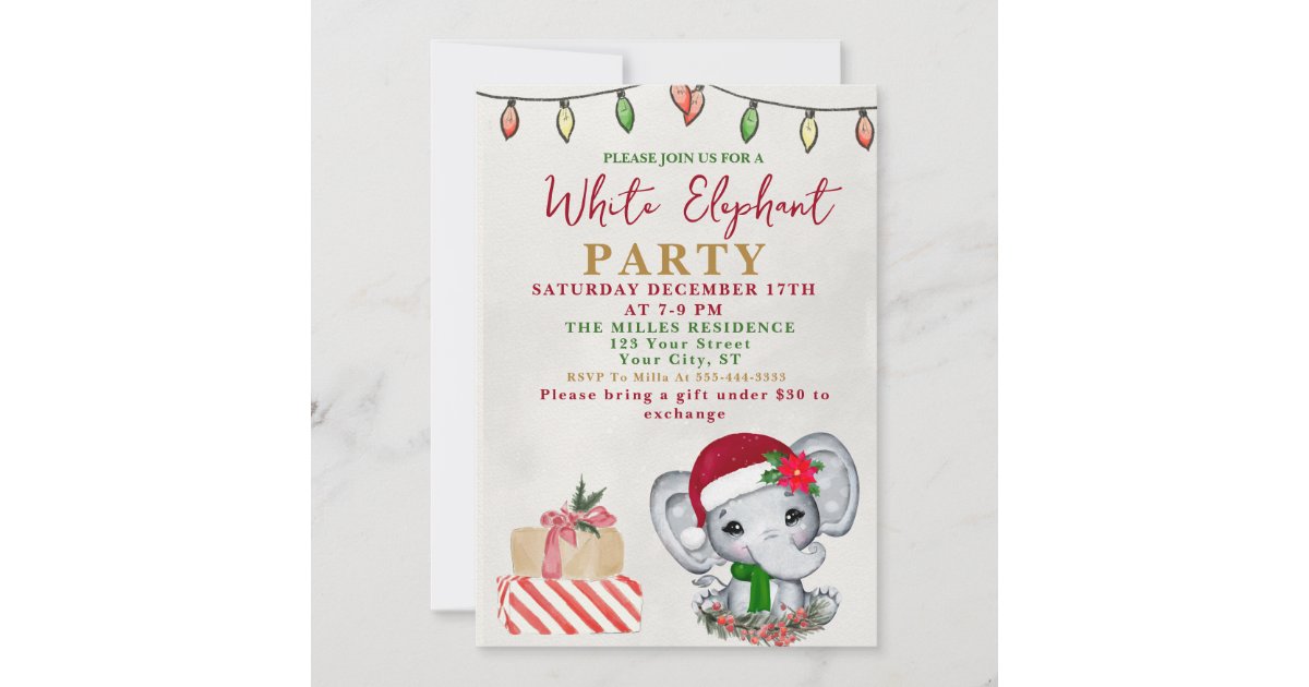 Watercolor White Elephant Gift Exchange Party Invitation | Zazzle