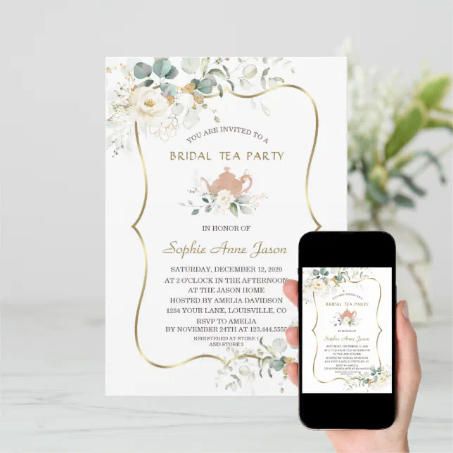 Watercolor White Floral Gold Bridal Tea Party Invitation Zazzle