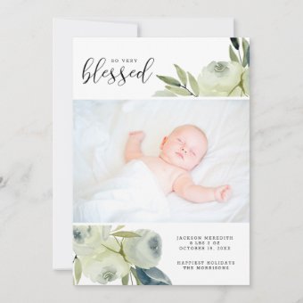 Watercolor White Floral Photo Birth Announcement | Zazzle