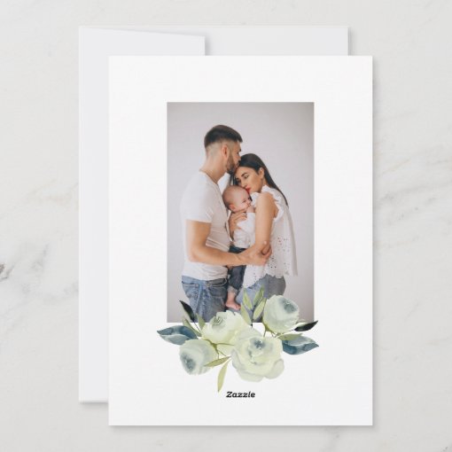 Watercolor White Floral Photo Birth Announcement | Zazzle