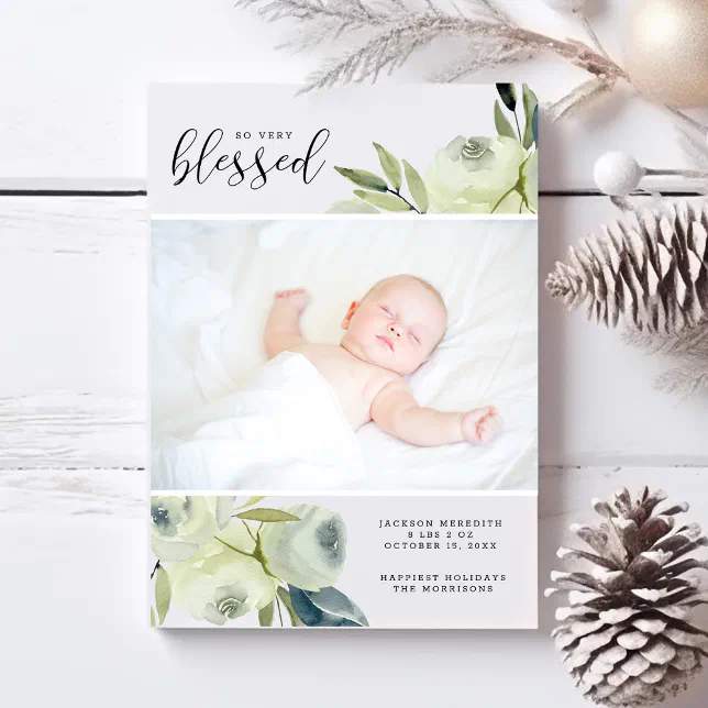 Watercolor White Floral Photo Birth Announcement | Zazzle