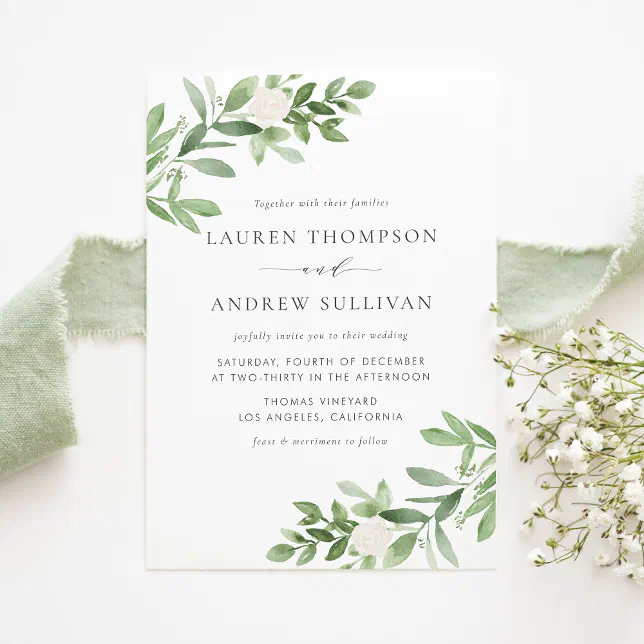 Watercolor White Flowers and Greenery Wedding Invitation Postcard | Zazzle