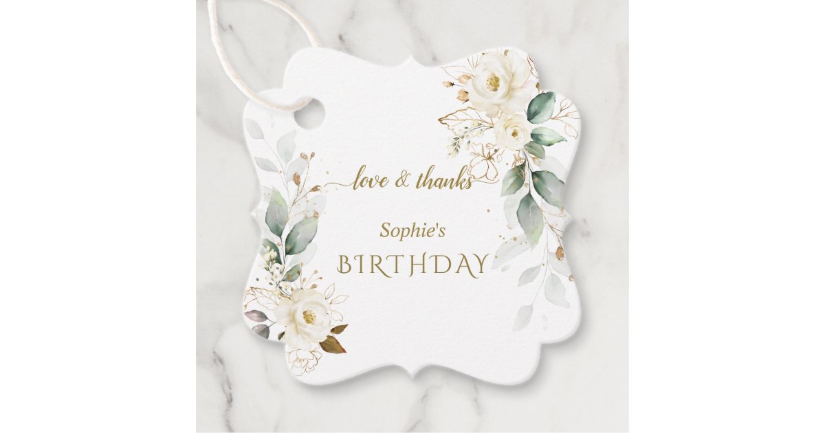 Watercolor White Gold Flowers Greenery Birthday Favor Tags | Zazzle