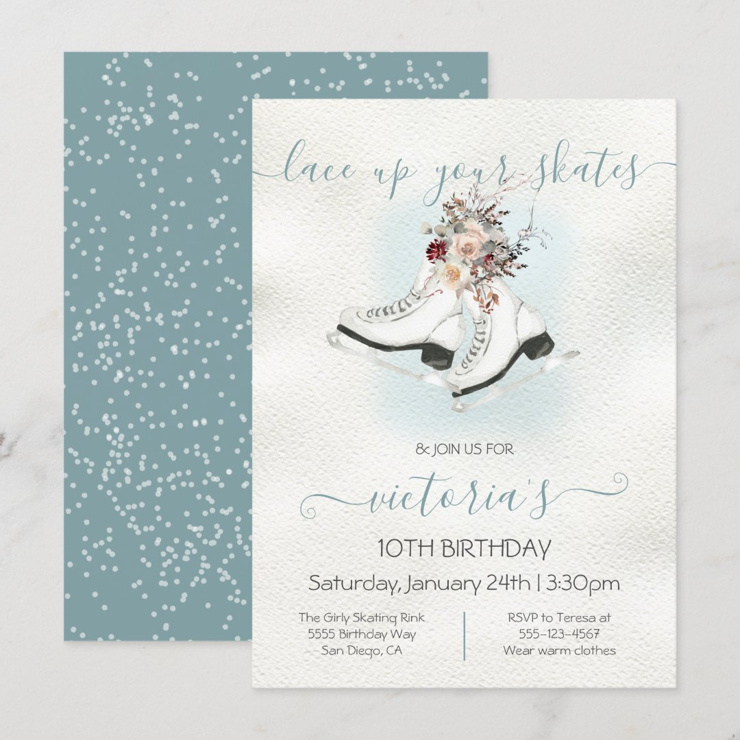 Watercolor White Ice Skating Floral Snow Birthday Invitation | Zazzle