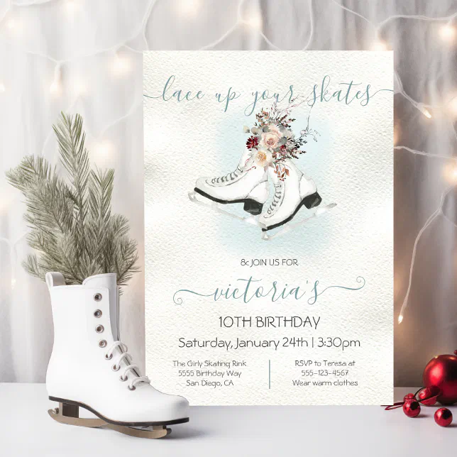 Watercolor White Ice Skating Floral Snow Birthday Invitation | Zazzle