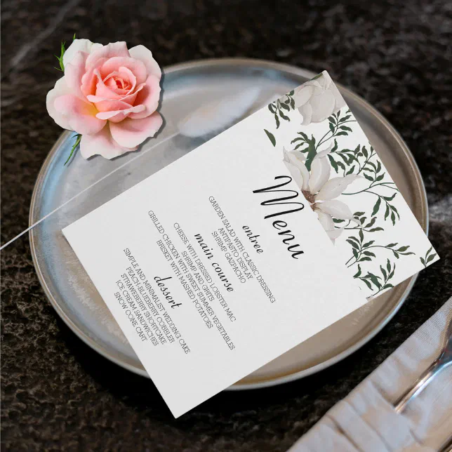 Watercolor White Rose Wedding Table Menu Cards | Zazzle