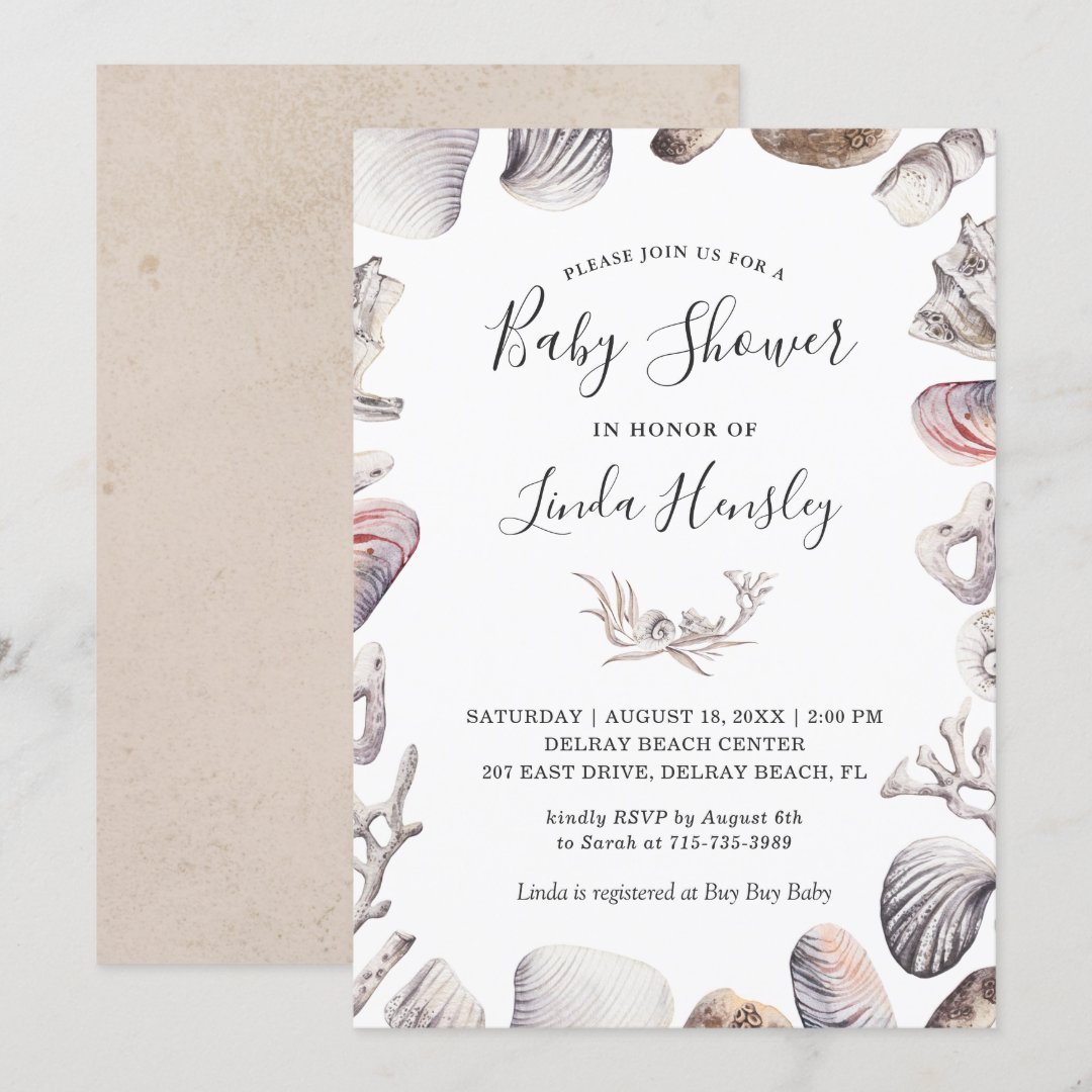 Watercolor White Sea Shell Beach Baby Shower Invitation | Zazzle