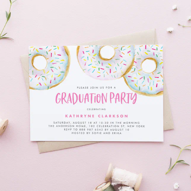 Watercolor White Sprinkle Donuts Graduation Party Invitation | Zazzle