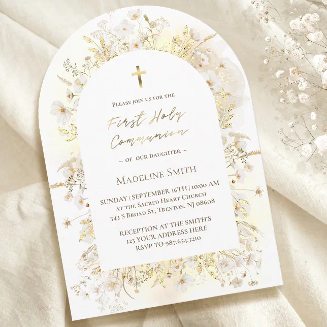 watercolor white yellow flowers First Communion Invitation | Zazzle