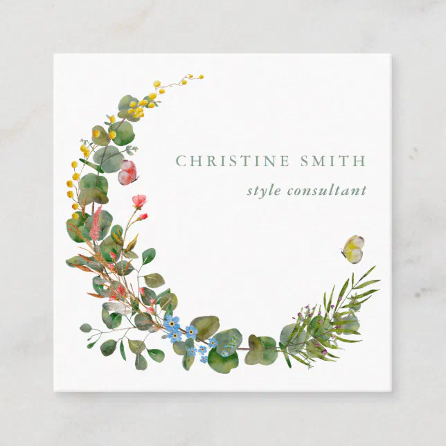 Watercolor Wild Flower Wreath Square Business Card | Zazzle