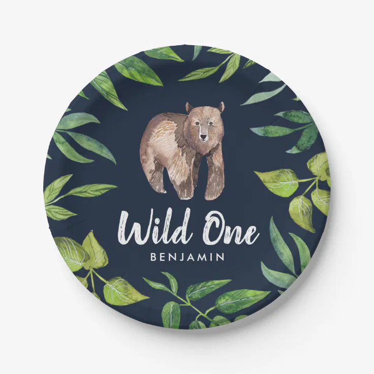 Watercolor Wild One Bear First Birthday | Navy Paper Plates | Zazzle