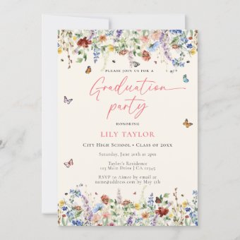 Watercolor Wildflower Butterflies Graduation Party Invitation | Zazzle