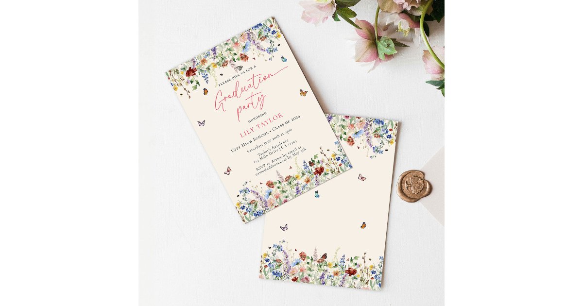 Watercolor Wildflower Butterflies Graduation Party Invitation | Zazzle