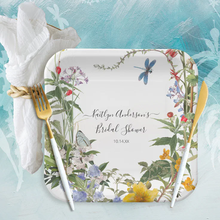 Watercolor Wildflower Floral n Bees Bridal Shower Paper Plates | Zazzle