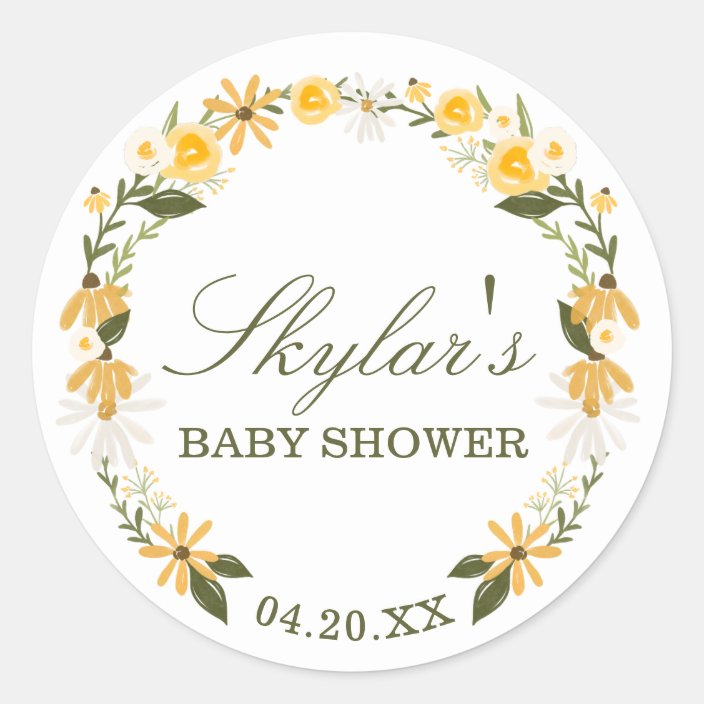 Watercolor Wildflower Florals Wreath Baby Shower Classic Round Sticker ...