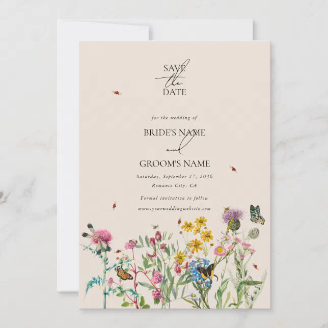 Watercolor Wildflower Garden & Insects Wedding Invitation | Zazzle
