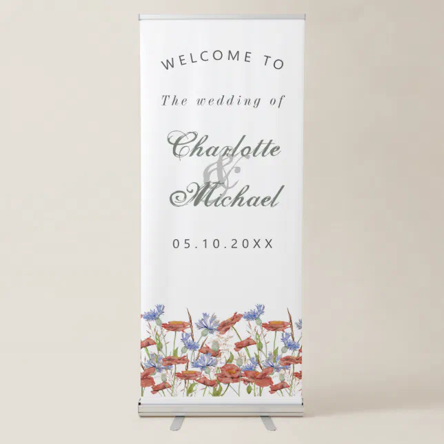 Watercolor wildflower meadow wedding welcome retractable banner | Zazzle