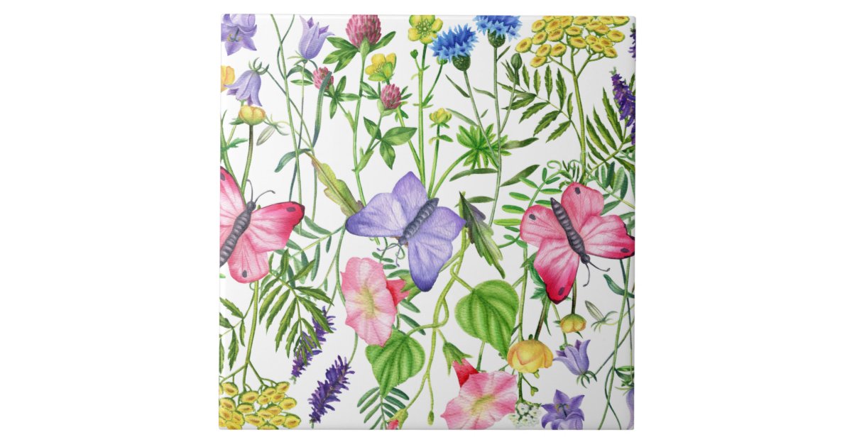 Watercolor Wildflowers and Butterflies Colorful Ceramic Tile | Zazzle