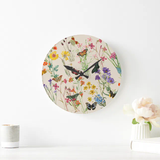 Watercolor Wildflowers & Butterflies Floral Garden Large Clock | Zazzle