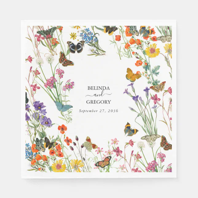 Watercolor Wildflowers Butterflies Floral Wedding Napkins | Zazzle