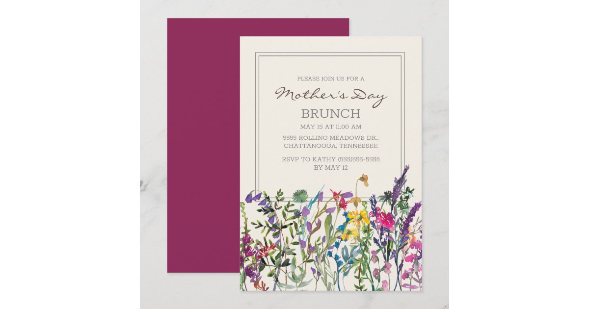 Watercolor Wildflowers Cream Purple Mother's Day Invitation | Zazzle