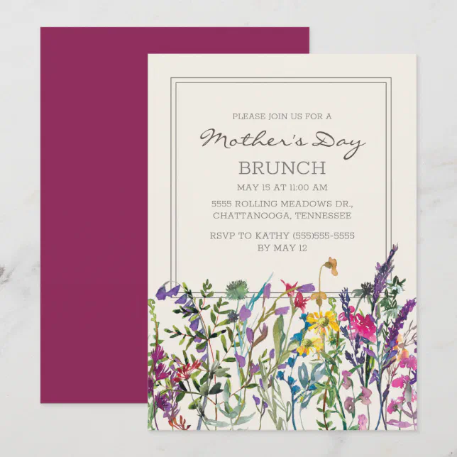 Watercolor Wildflowers Cream Purple Mother's Day Invitation | Zazzle