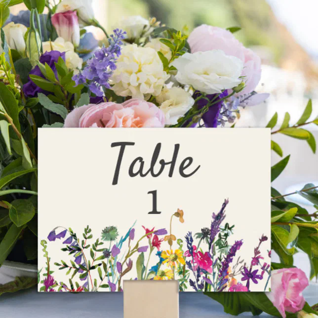 Watercolor Wildflowers Cream Purple Wedding Table Number | Zazzle