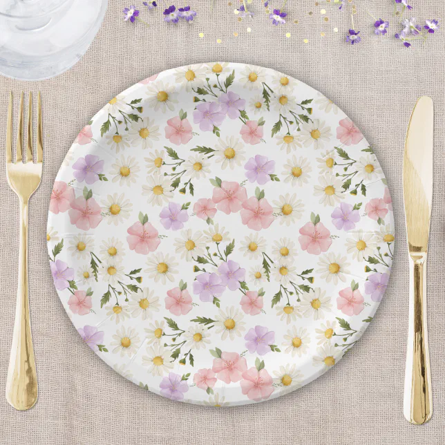 Watercolor Wildflowers Daisies Baby Shower Paper Plates | Zazzle