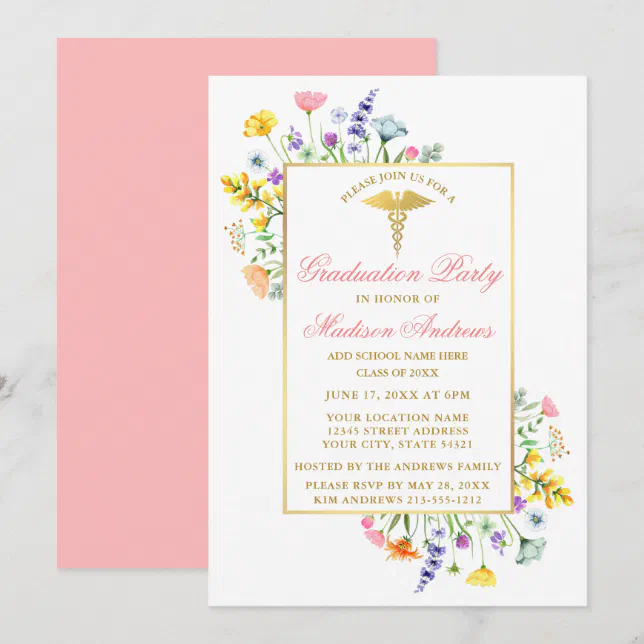 Watercolor Wildflowers Gold Pink Nurse Graduation Invitation | Zazzle
