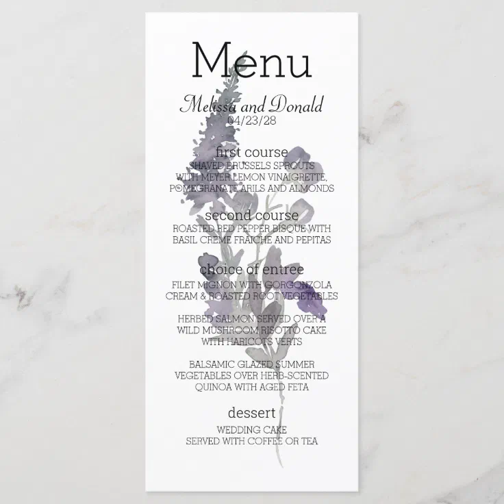 Watercolor Wildflowers Lavender Floral Menu | Zazzle