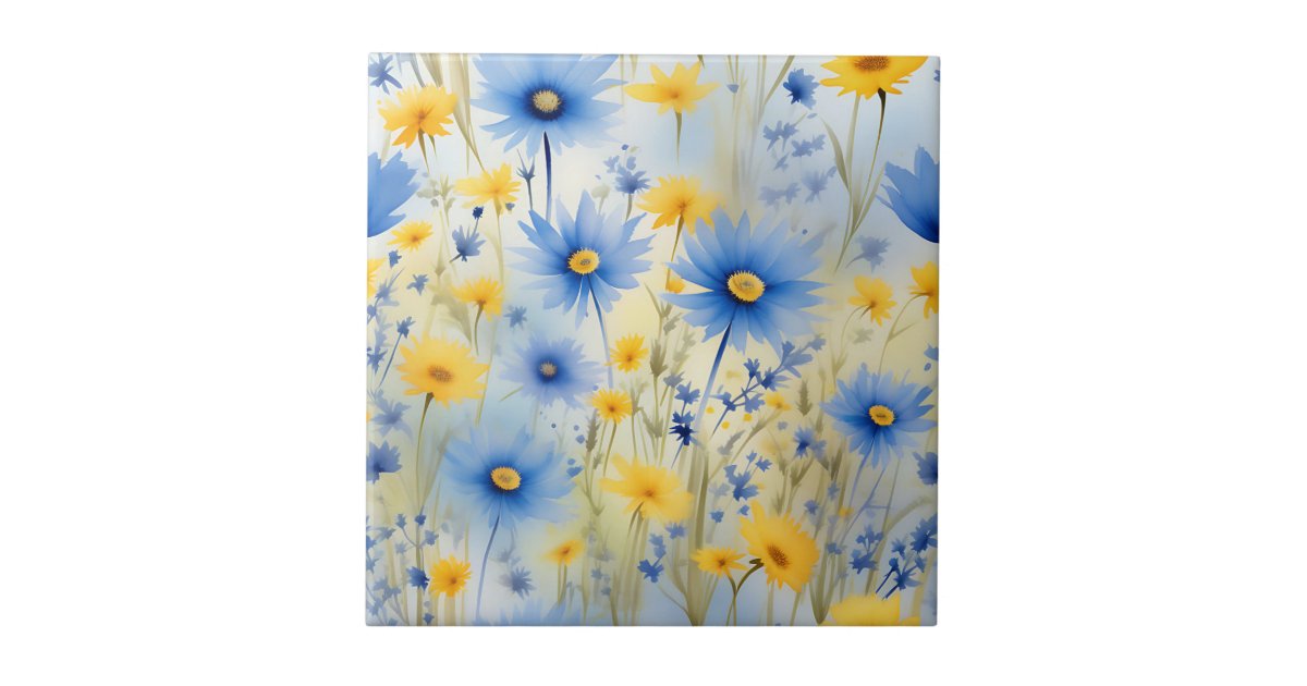Watercolor Wildflowers On Cornflower Blue Ceramic Tile | Zazzle