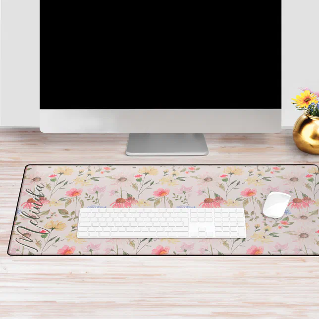 Watercolor Wildflowers Personalized Script Name Desk Mat | Zazzle