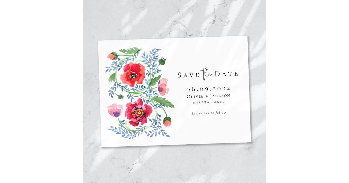 Watercolor Wildflowers Poppy Script Wedding Save The Date | Zazzle