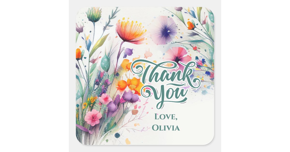 Watercolor Wildflowers Thank You Square Sticker | Zazzle