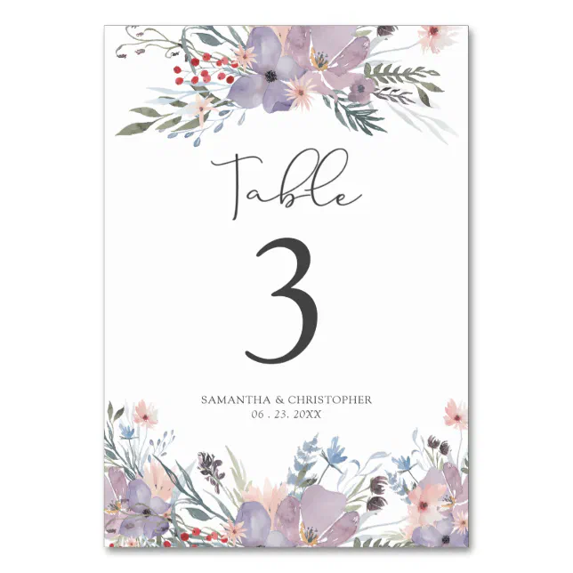 Watercolor Wildflowers Wedding Table Number | Zazzle