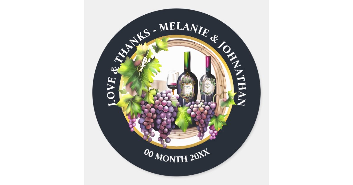 Watercolor wine grapes bottles glass round winery classic round sticker ...