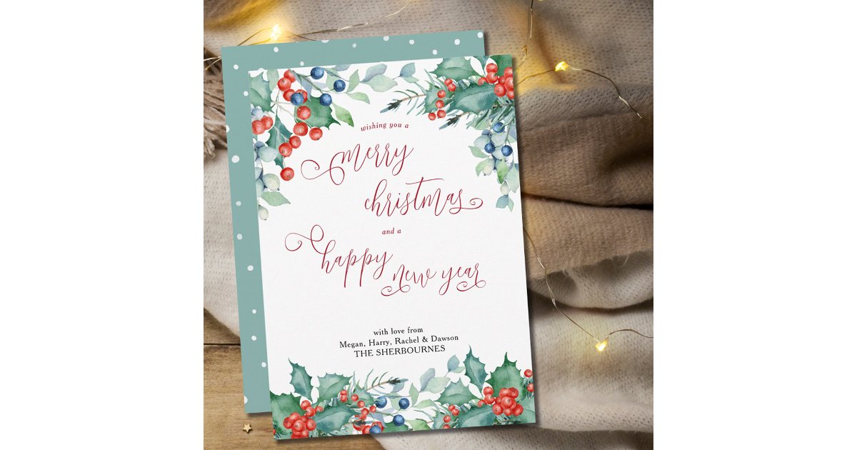 Watercolor Winter Berries Holly Calligraphy Holiday Card | Zazzle