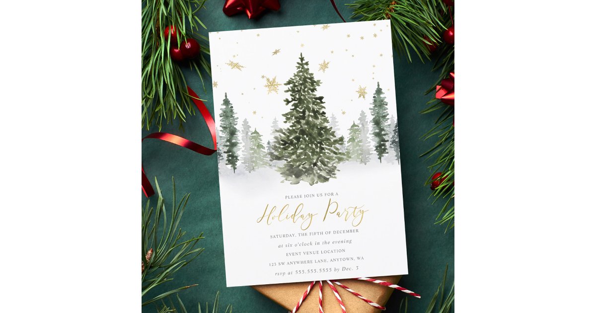 Watercolor Winter Forest Holiday Party Gold Invitation | Zazzle