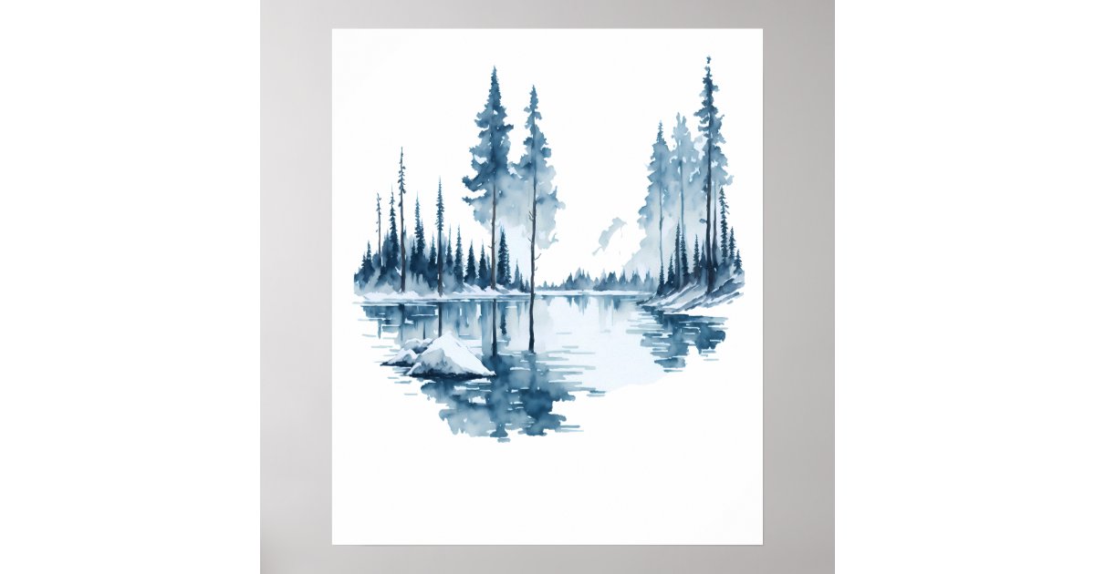 Watercolor Winter Lake Landscape Poster | Zazzle