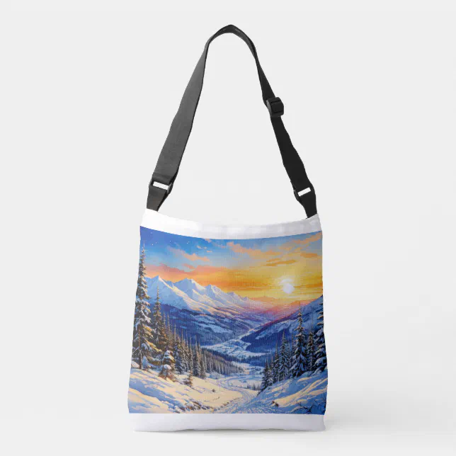 watercolor winter morning, sunrise, Reusable Groce Crossbody Bag | Zazzle