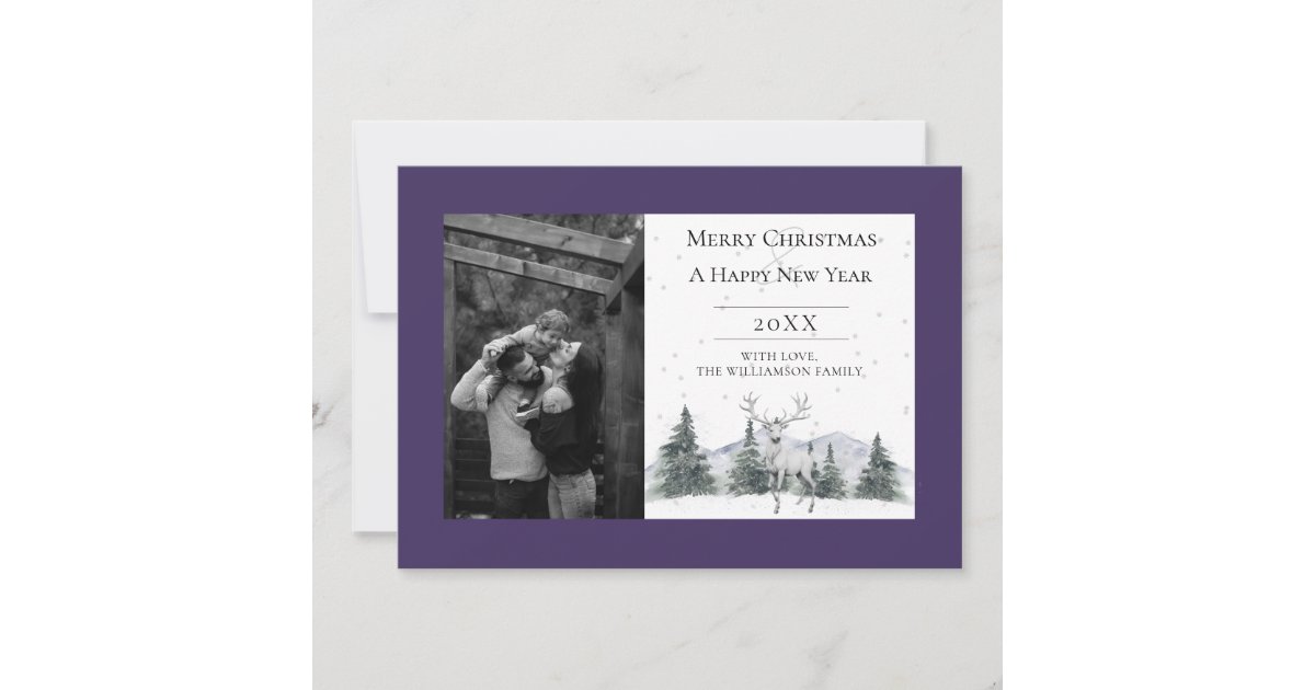 Watercolor Winter Reindeer | Purple Photo Holiday Card | Zazzle