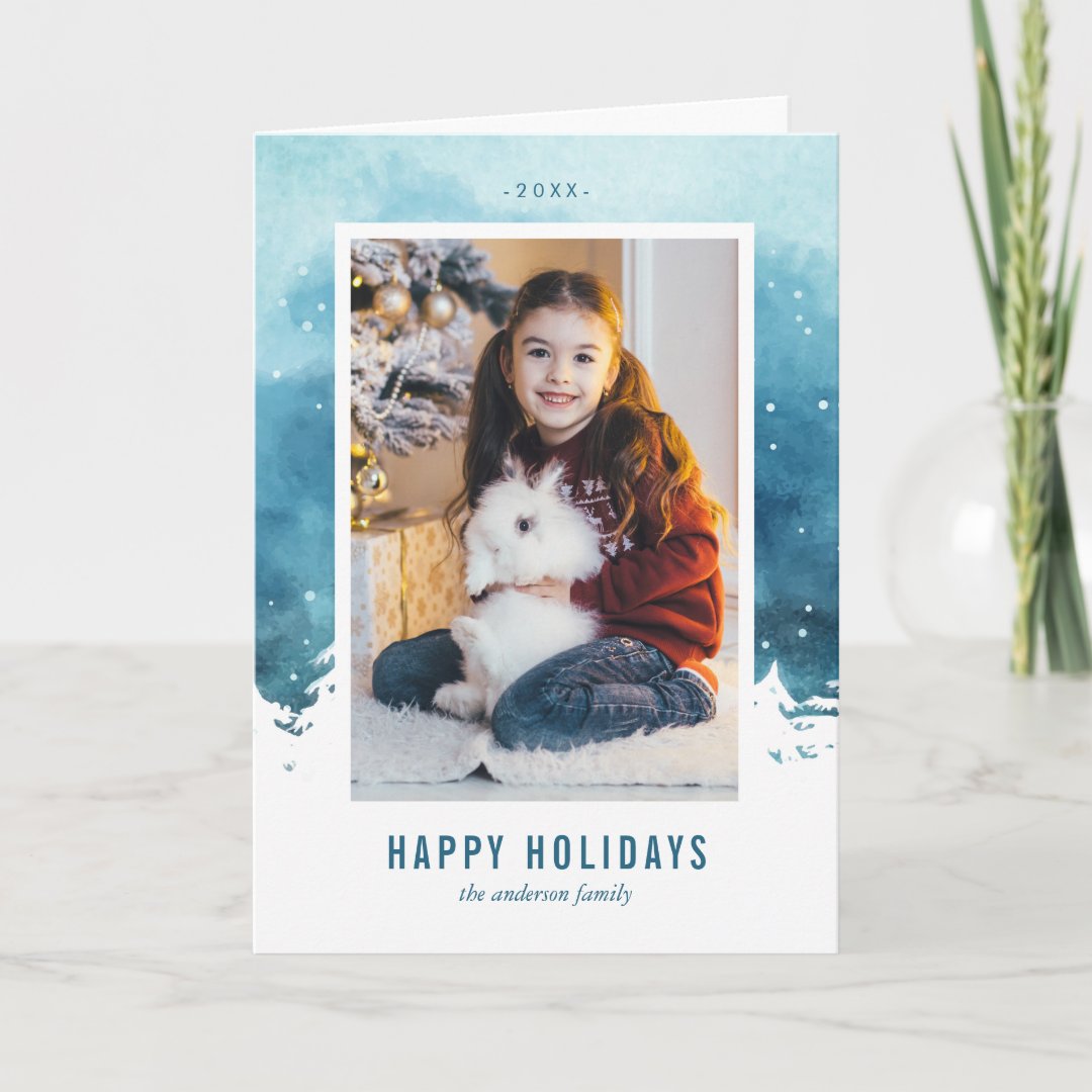 Watercolor Winter Scene Christmas Photo Holiday Card | Zazzle