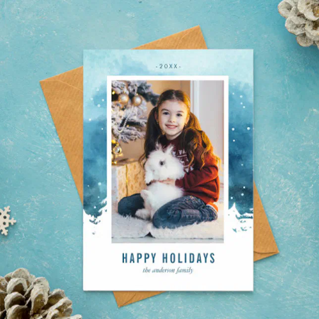 Watercolor Winter Scene Christmas Photo Holiday Card | Zazzle