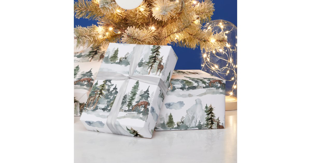 Watercolor Winter Scene Woodland Forest Reindeer W Wrapping Paper | Zazzle