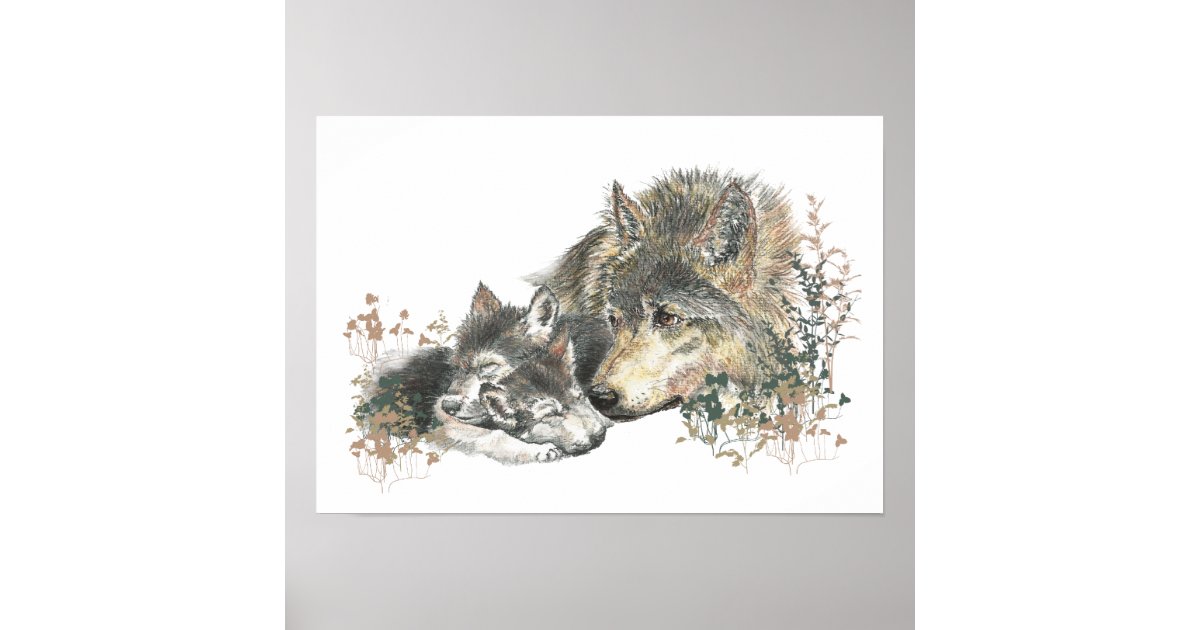 Watercolor Wolf & Cub Animal Art Poster | Zazzle