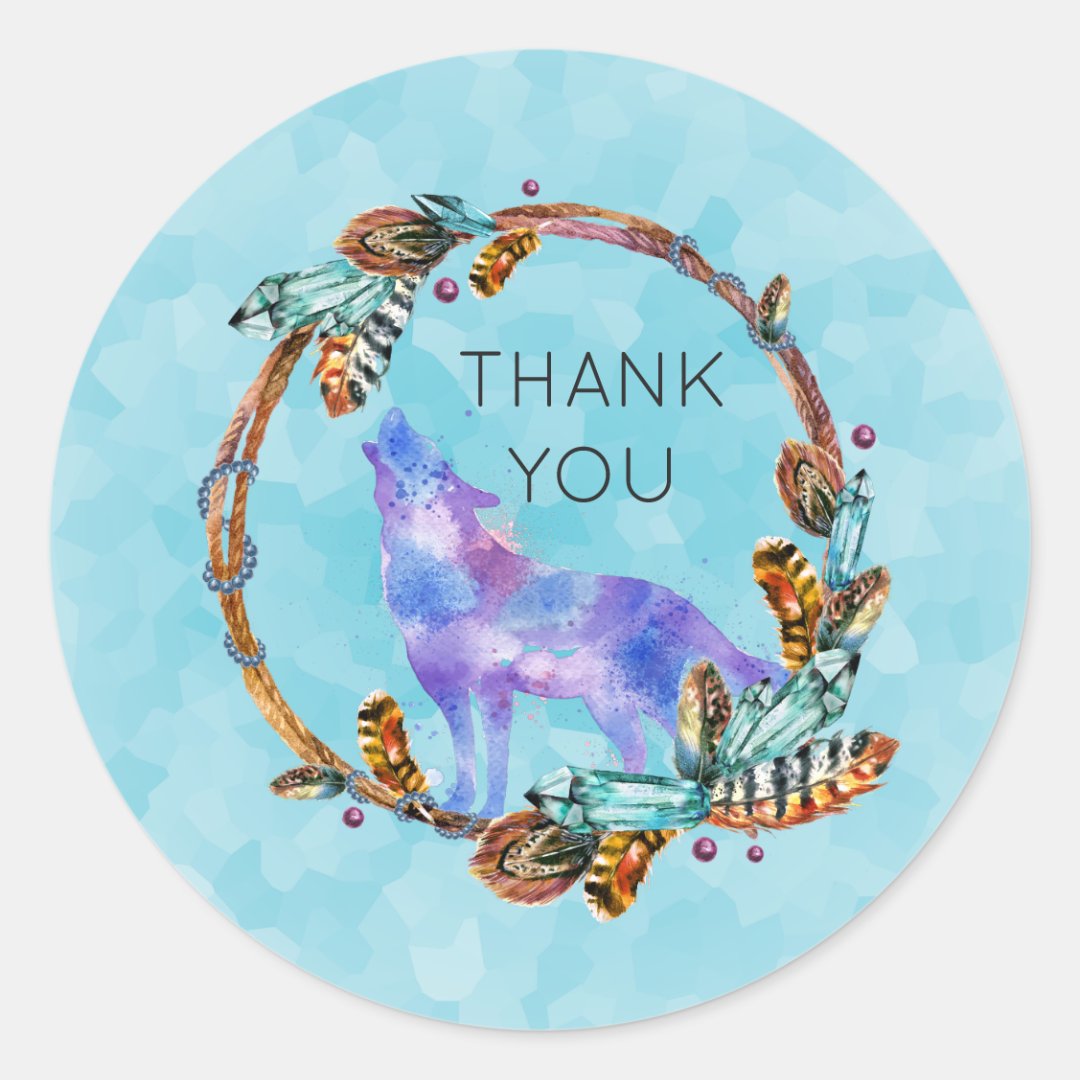 Watercolor Wolf with a Boho Style Wreath Thank You Classic Round ...