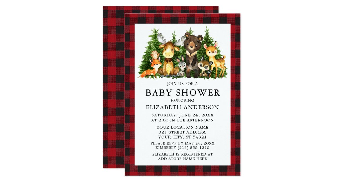 Watercolor Woodland Animals Baby Shower Red Plaid Invitation | Zazzle.com