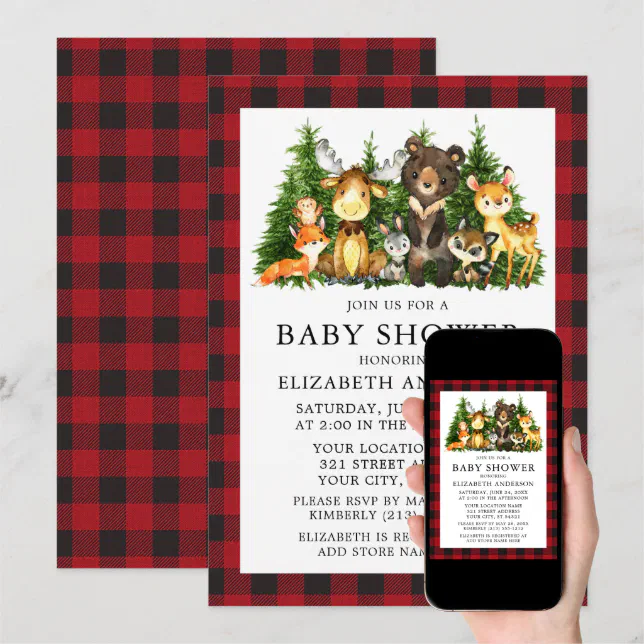 Watercolor Woodland Animals Baby Shower Red Plaid Invitation | Zazzle
