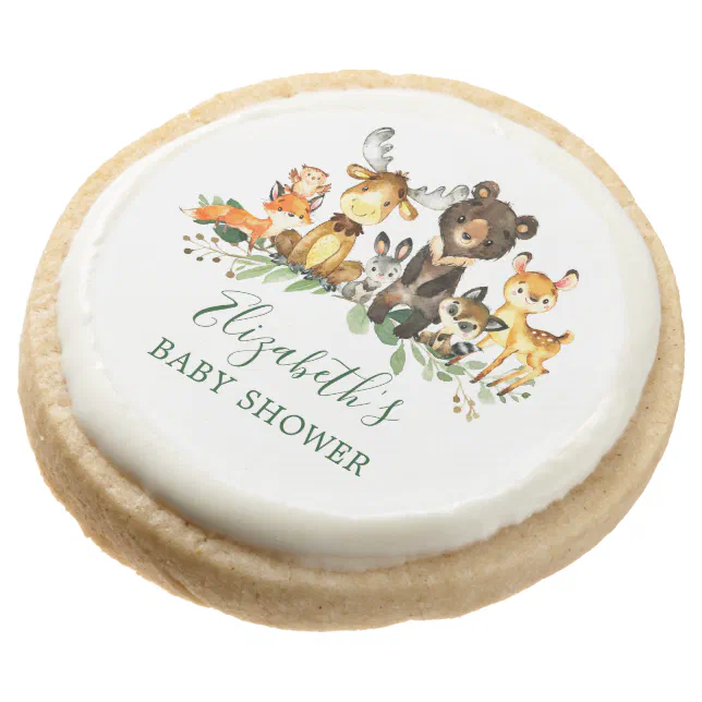 Watercolor Woodland Animals Baby Shower Round Shortbread Cookie | Zazzle