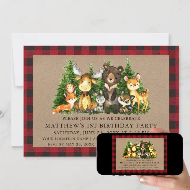 Watercolor Woodland Animals First Birthday Rustic Invitation | Zazzle